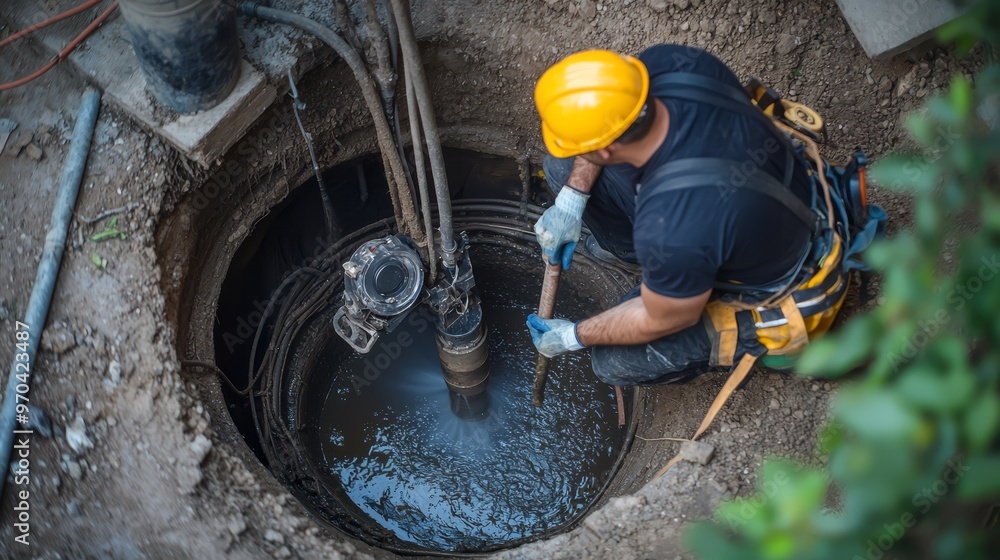 Worker with safety gear maintaining a sewer line inside a manhole ...