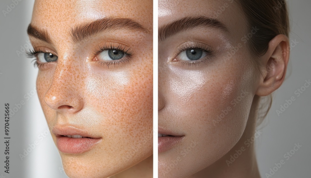 Side-by-side comparison of a woman's face with and without skin ...