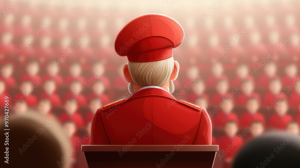 Authoritarian leader addressing crowd in red uniform An authoritarian ...