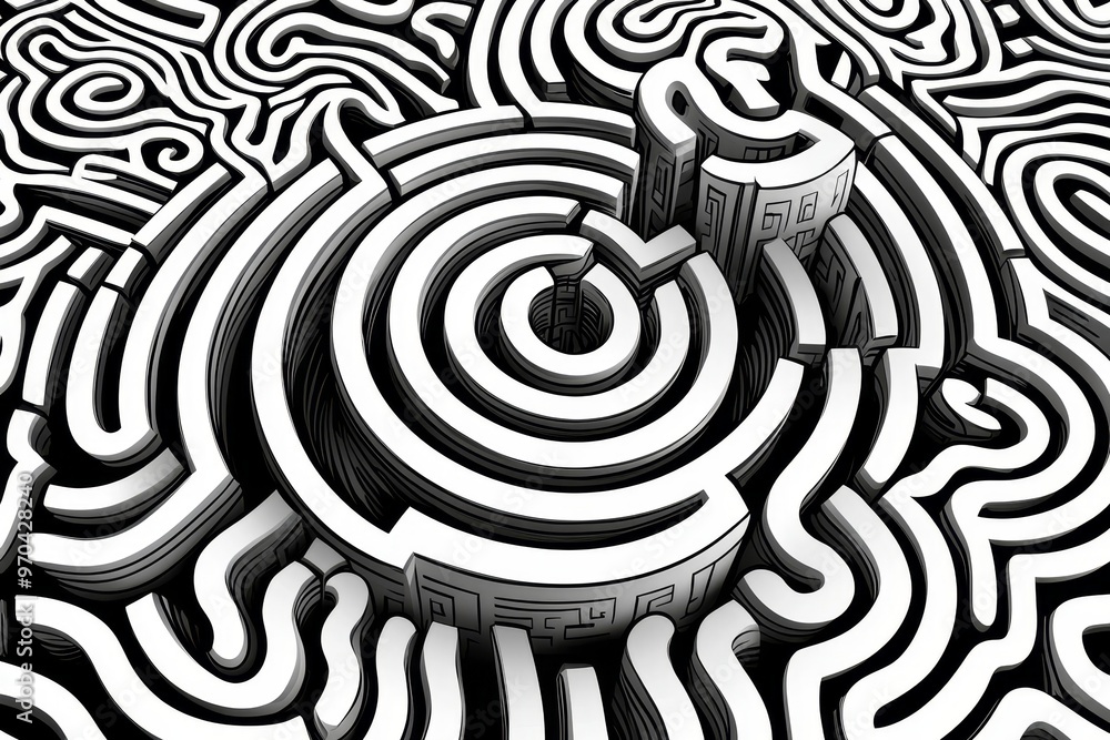 Intricate black and white labyrinth with twists and turns, line art ...