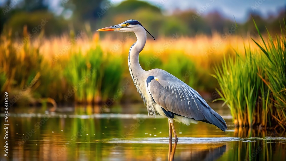 A majestic grey and white garza bird, also known as heron, stands tall ...