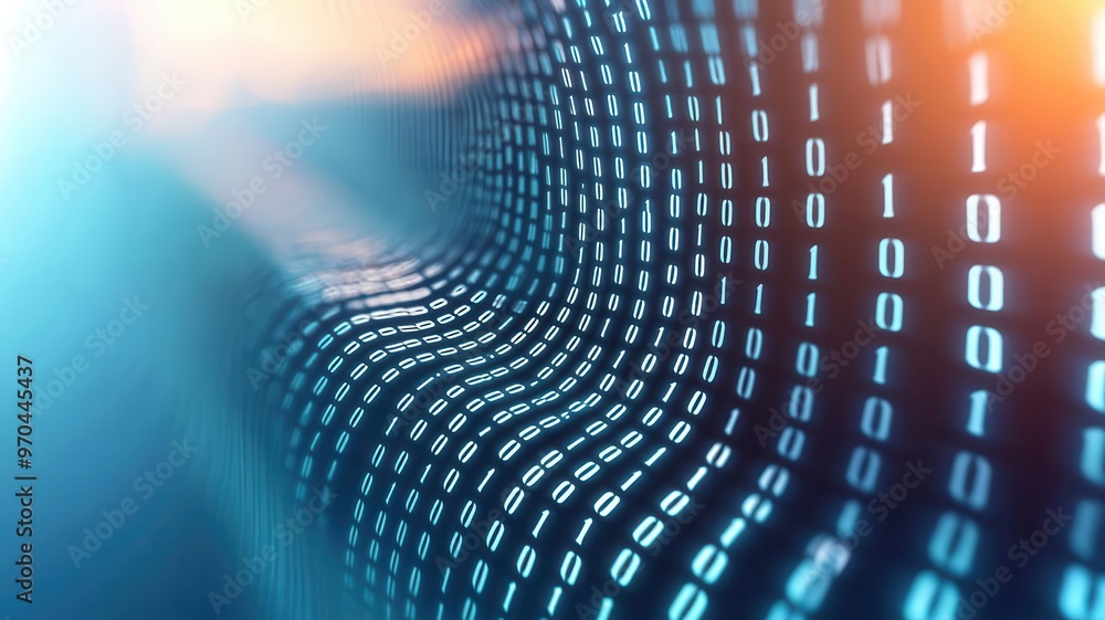 Minimalist background with binary code 0s and 1s flowing horizontally ...