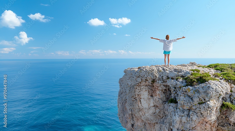 Person standing at the edge of a cliff with arms outstretched, ready ...