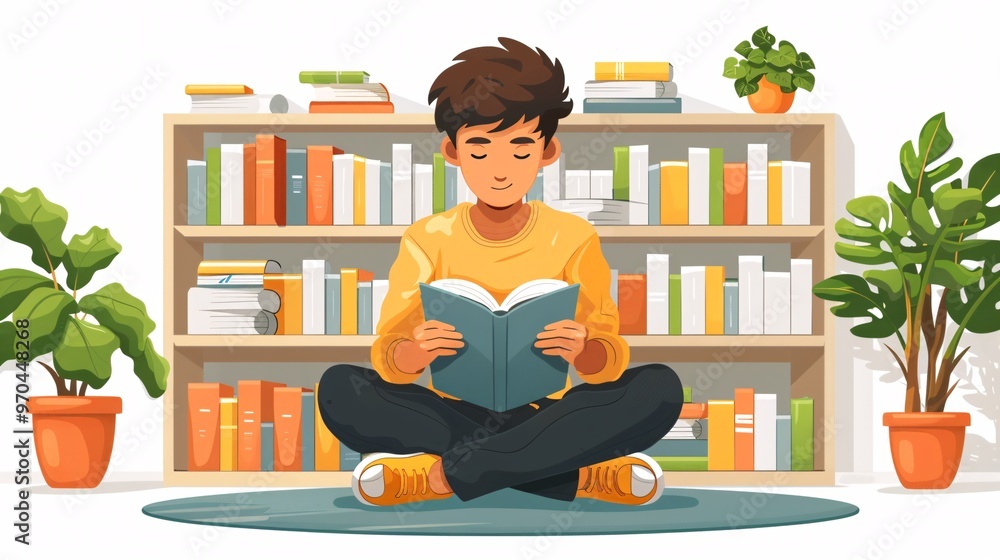 Male scholar engrossed in studying, expanding his understanding in ...