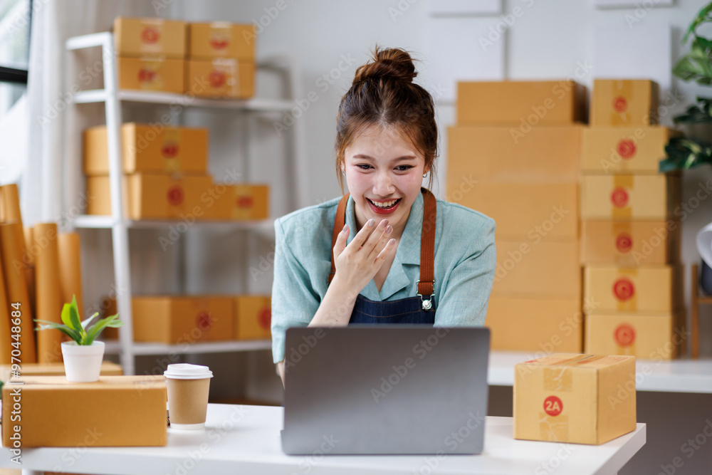 Excited happy, Attractive young asian chinese SME owners woman ...