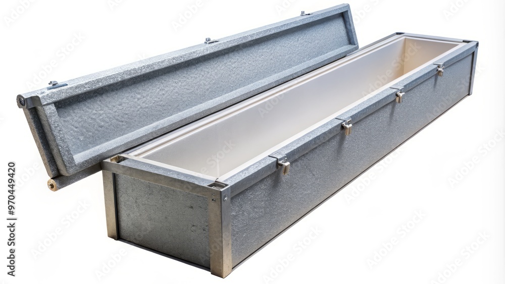 "Long, rectangular box with insulated foam panels and a hinged lid ...