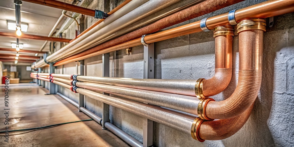 Cut-to-size foam tubing wrapping around exposed copper water pipes in a ...