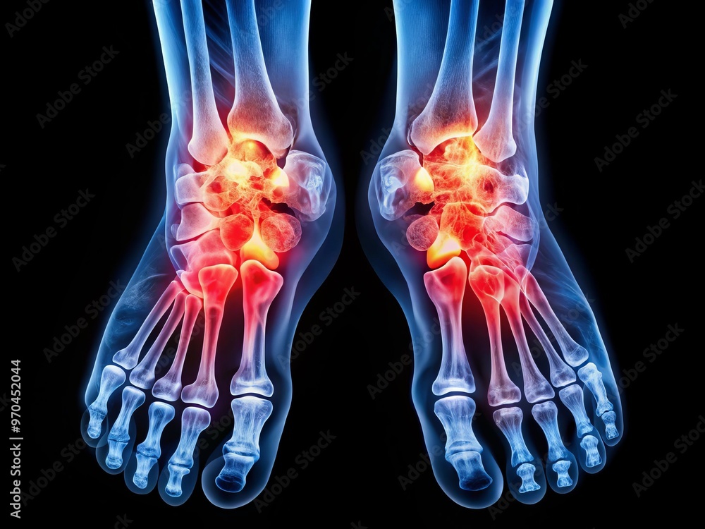 Bone scan images of feet with visible abnormalities, potential ...