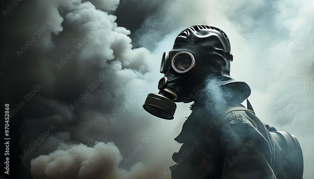 Surreal scene of individual in gas mask surrounded by vibrant smoke ...