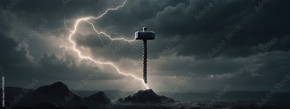 A minimal illustration of Thor's hammer, Mjölnir, floating above a ...