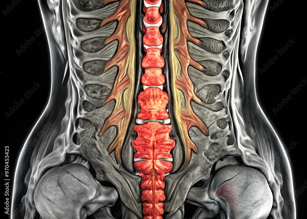 "T2 weighted MRI scan showing spinal canal and surrounding soft tissues ...