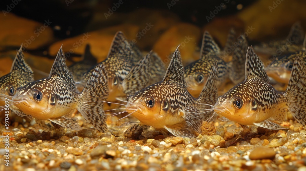 A group of Corydoras catfish scavenging at the bottom of an aquarium ...
