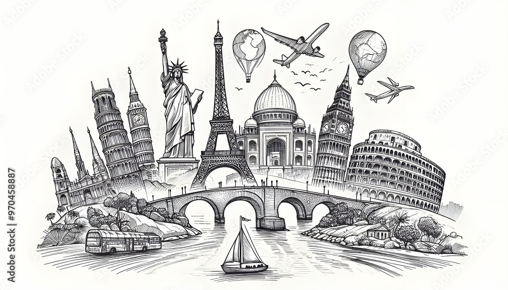 Line drawing of famous world landmarks on a white background, depicted ...