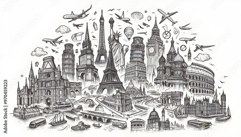 Line drawing of famous world landmarks on a white background, depicted ...