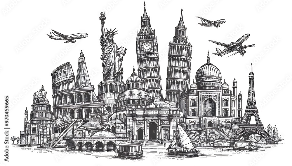 Line drawing of famous world landmarks on a white background, depicted ...
