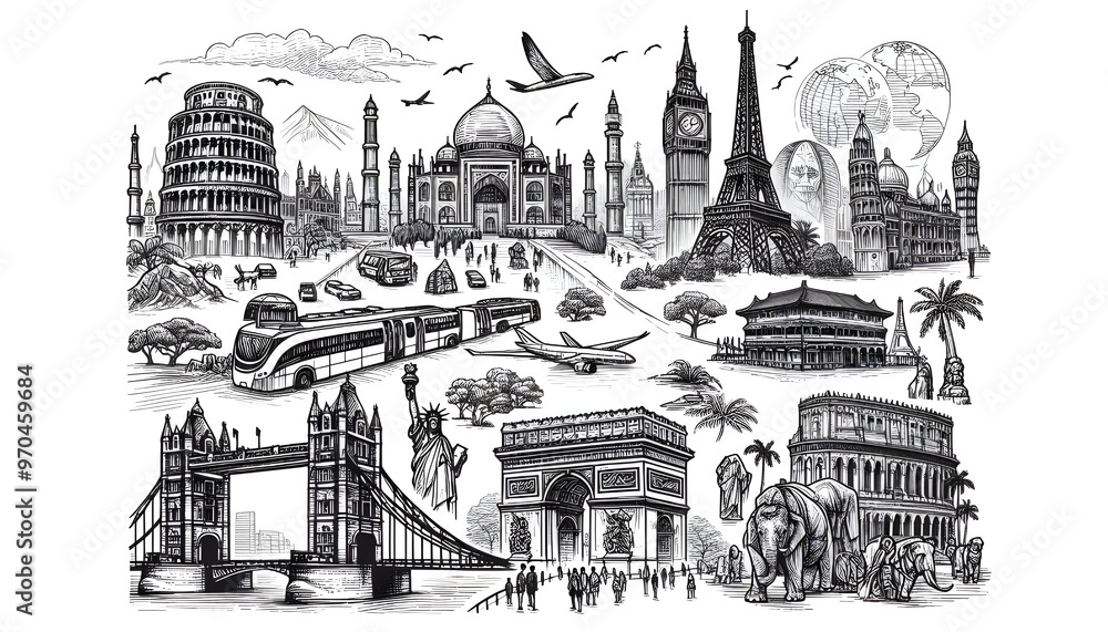 Line drawing of famous world landmarks on a white background, depicted ...