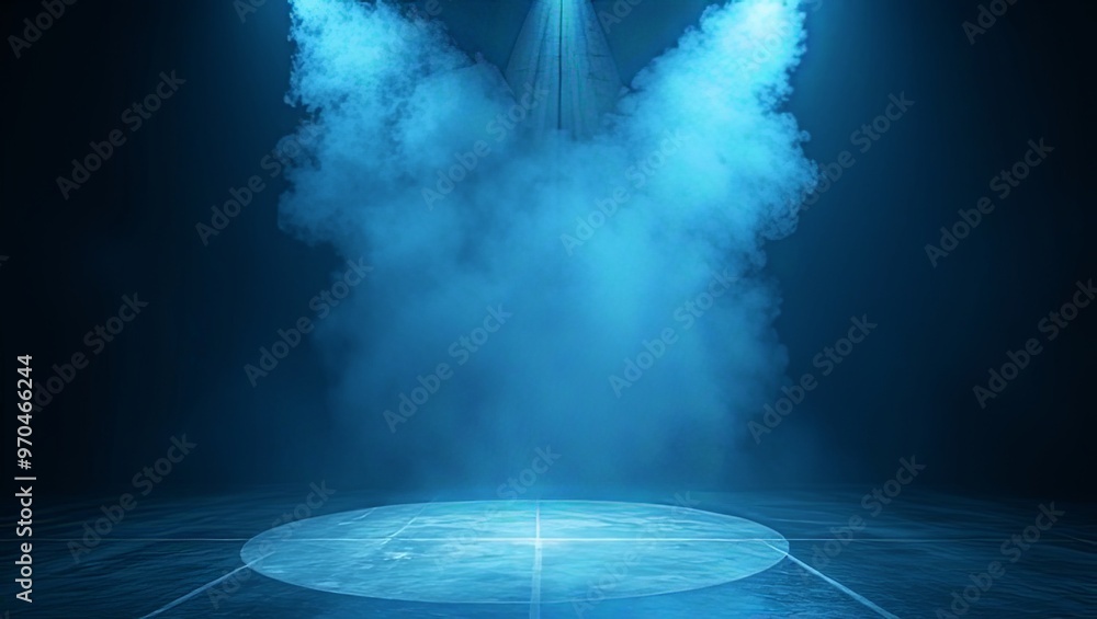 Dramatic Stage Lighting With Fog Effects And Blue Spotlights In Dark ...