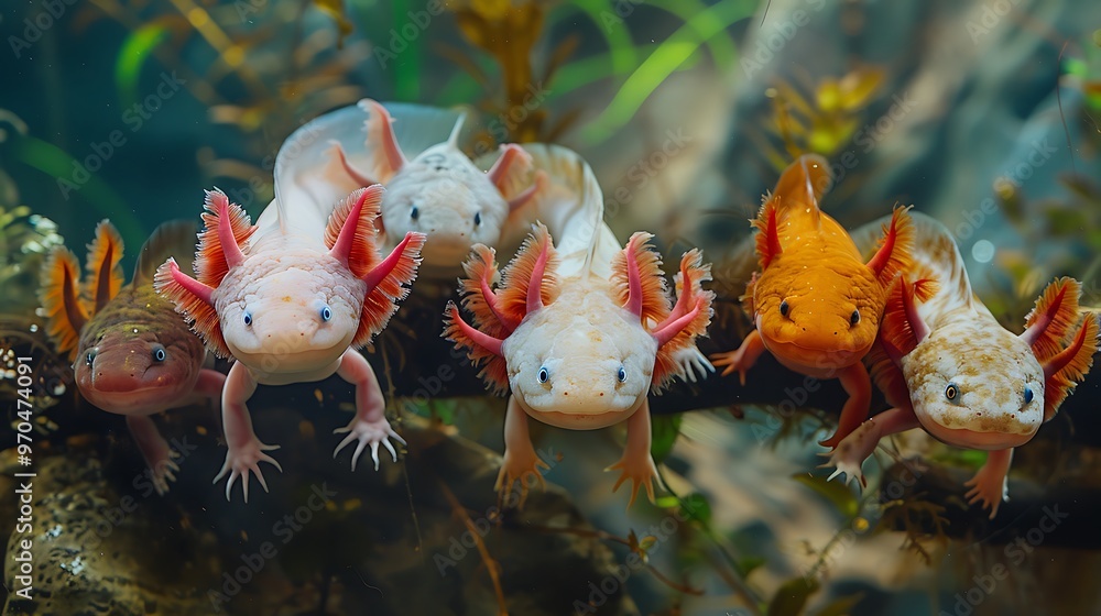 Ajolote axolotl in varying color morphs, underwater scene: A group of ...