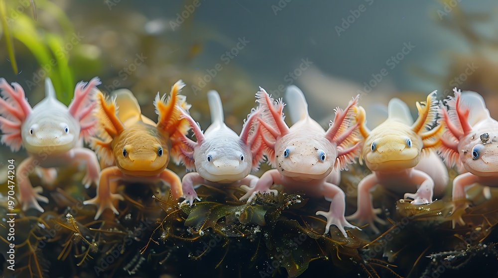 Ajolote axolotl in varying color morphs, underwater scene: A group of ...