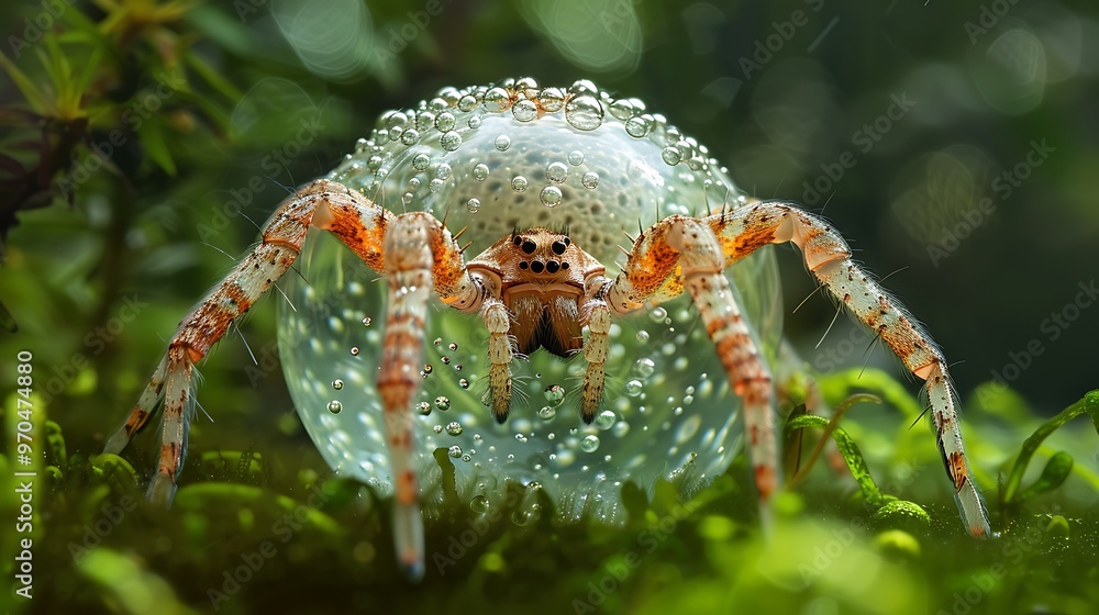 Diving bell spider in underwater air bubble, pond cross-section: A ...
