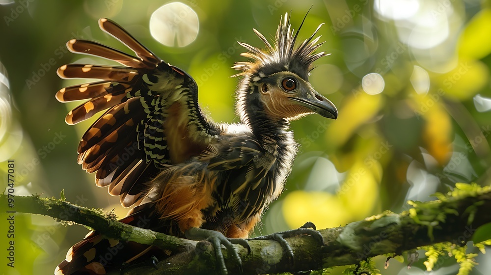 Fotka „Hoatzin chick using wing claws to climb, Amazon rainforest: A ...