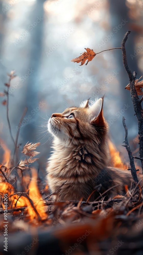 Dramatic cat making its way through a smoky, fiery forest, its fur ...