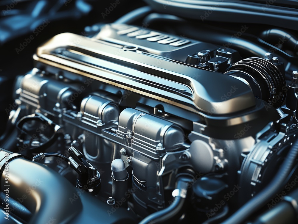 Photorealistic side view of a modern car engine in silver and black ...