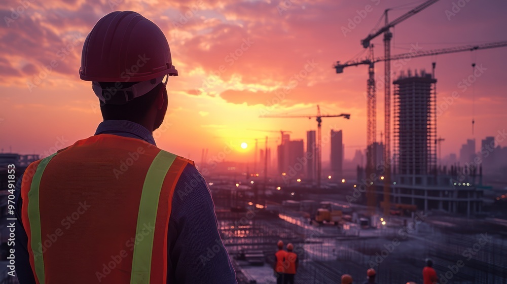 High rise construction workers gathered for a safety briefing at dawn ...