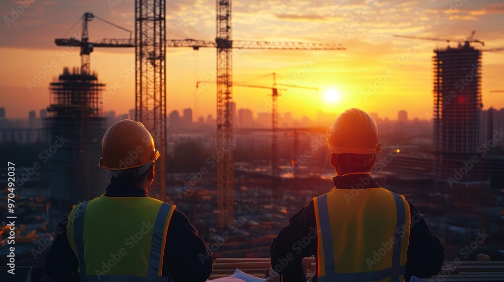 High rise construction workers gathered for a safety briefing at dawn ...