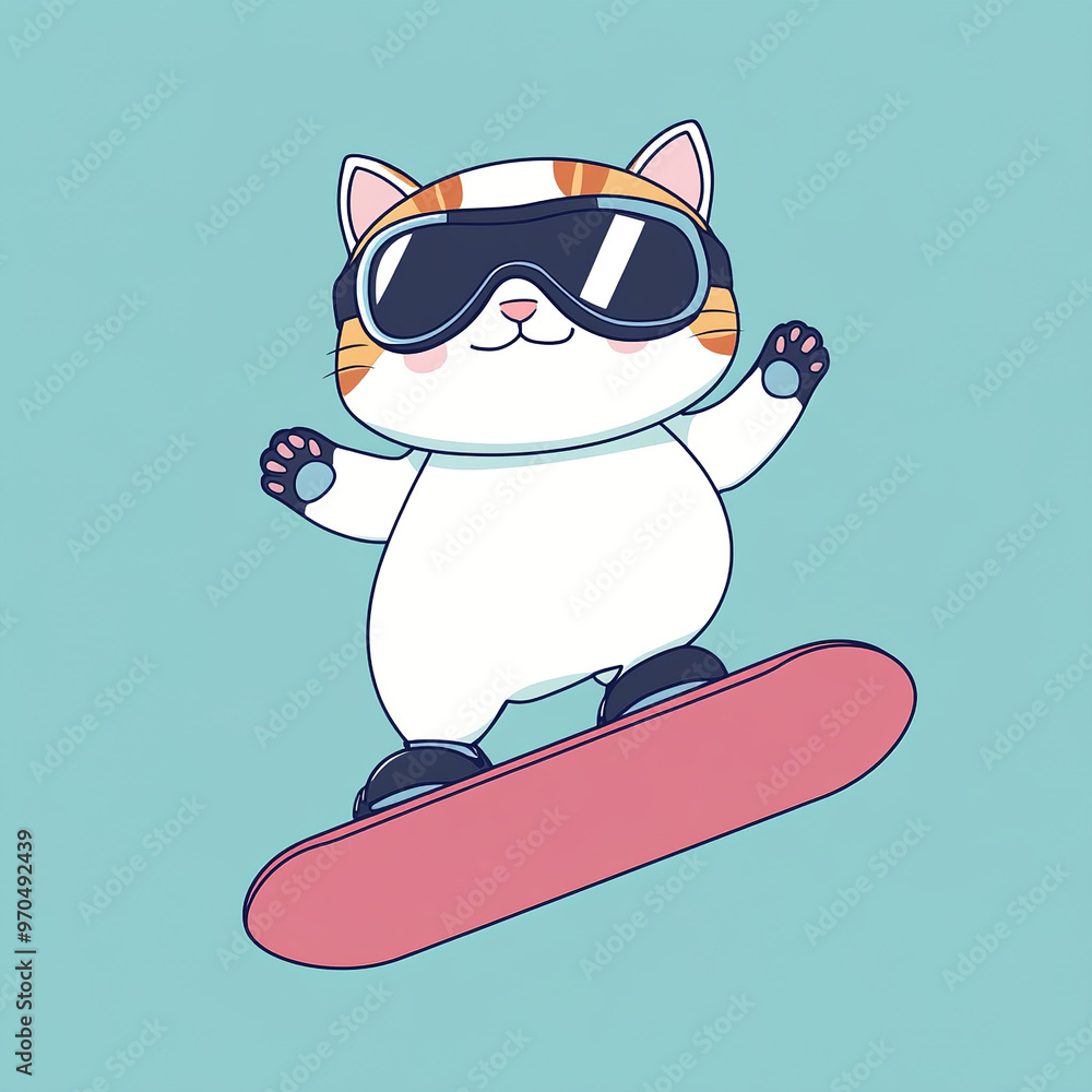 Adorable cartoon cat in snowboarding gear and goggles, catching air on ...