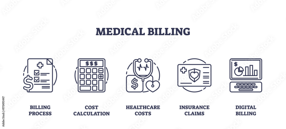 Medical billing and healthcare expenses calculation outline icons ...