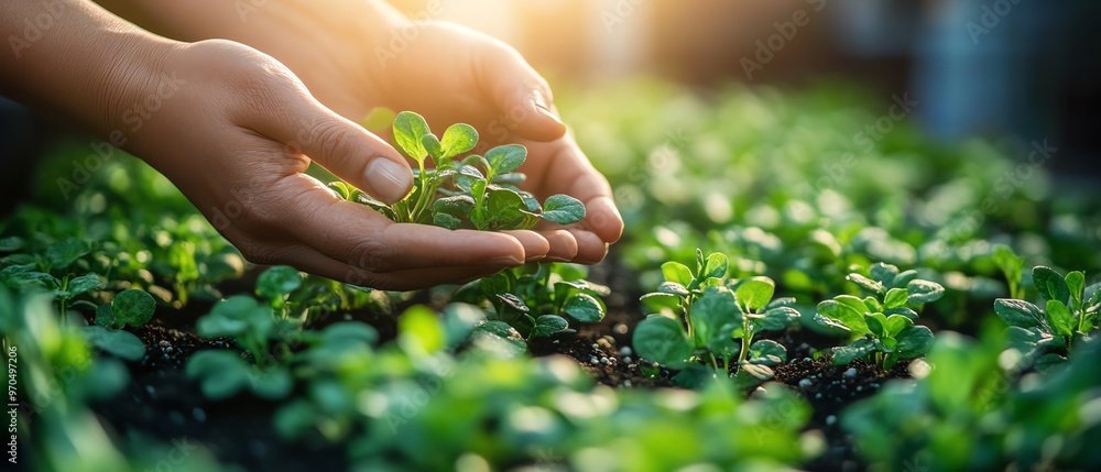 Hands gently nurturing young plants in a greenhouse with warm sunlight ...