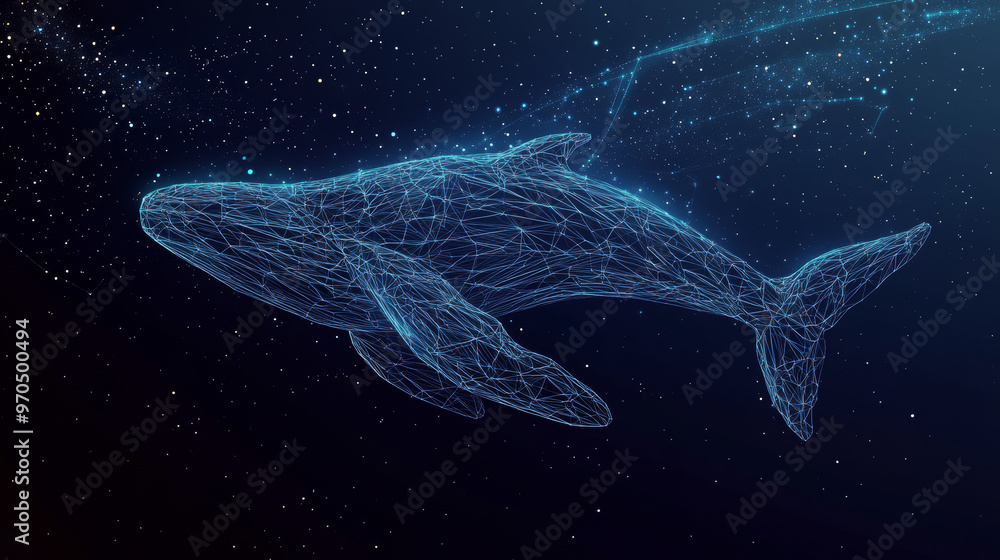 A blue whale made of geometric shapes. This digital art shows the whale ...