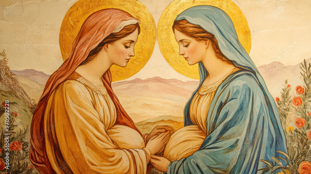 painting of the Visitation depicting the biblical scene in which a ...