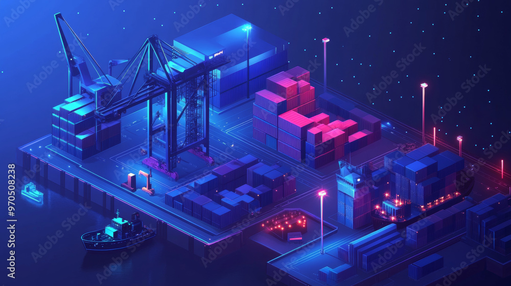 A digital image shows a cargo port with a 3D ship, crane, and ...