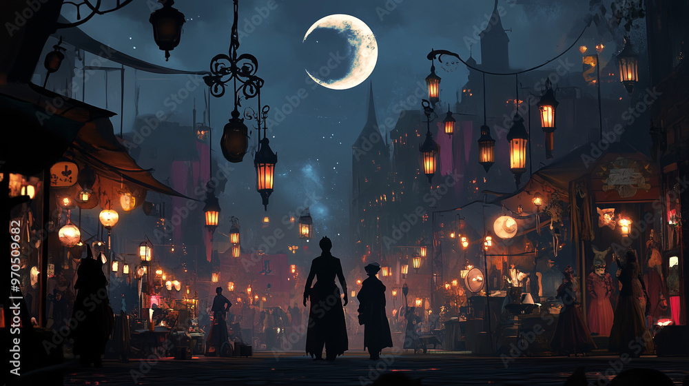 A night scene in a puppet market illuminated by hanging lanterns ...