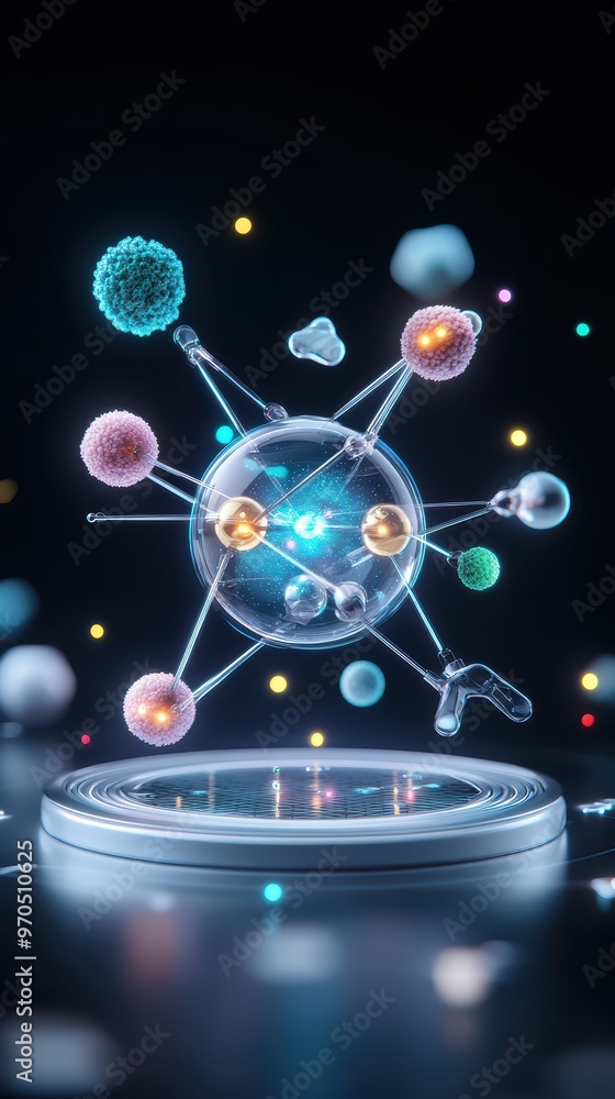 Colorful 3D molecular structure with atoms and particles representing ...