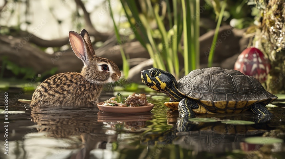 Create an image showing the aftermath of the race, with the rabbit and ...