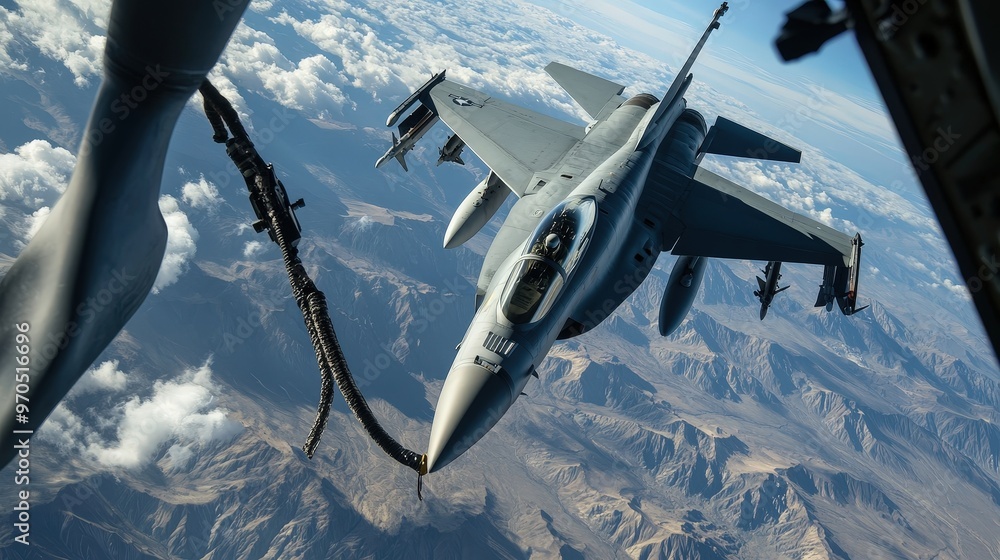 detailed image of a fighter aircraft in a mid-air refueling operation ...