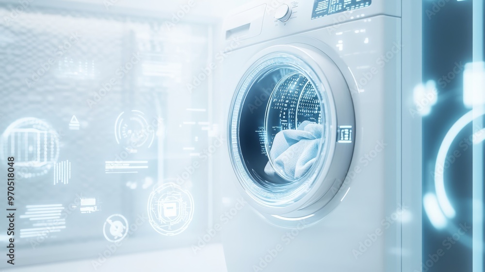 Futuristic washing machine display with holographic data and laundry ...