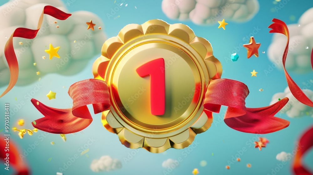 59. A vector cartoon 3D medal with the number one, featuring red ...