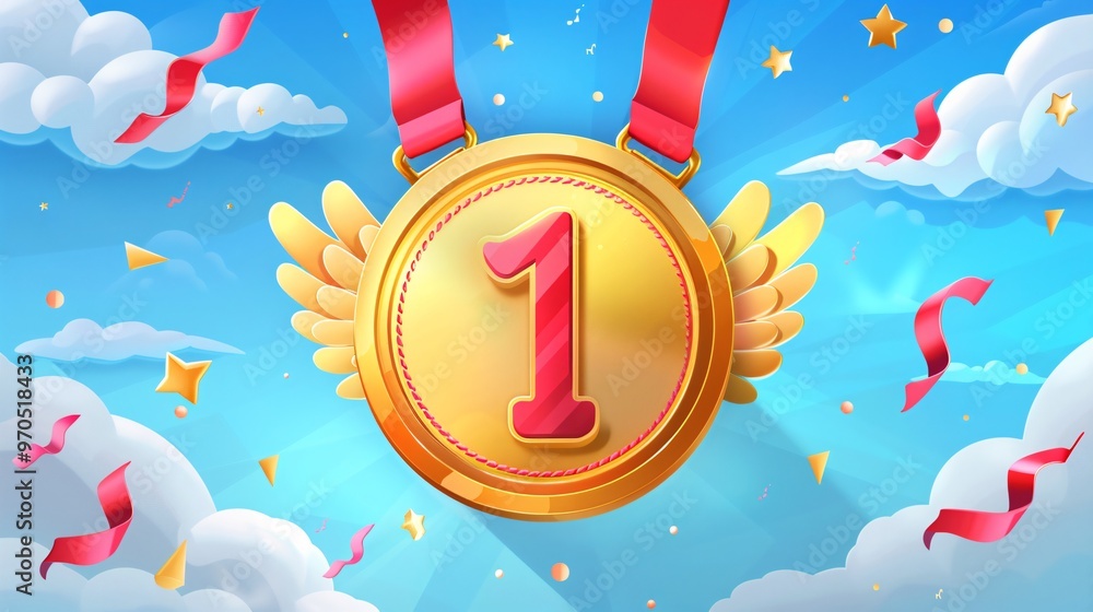 59. A vector cartoon 3D medal with the number one, featuring red ...