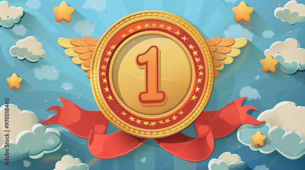 59. A vector cartoon 3D medal with the number one, featuring red ...