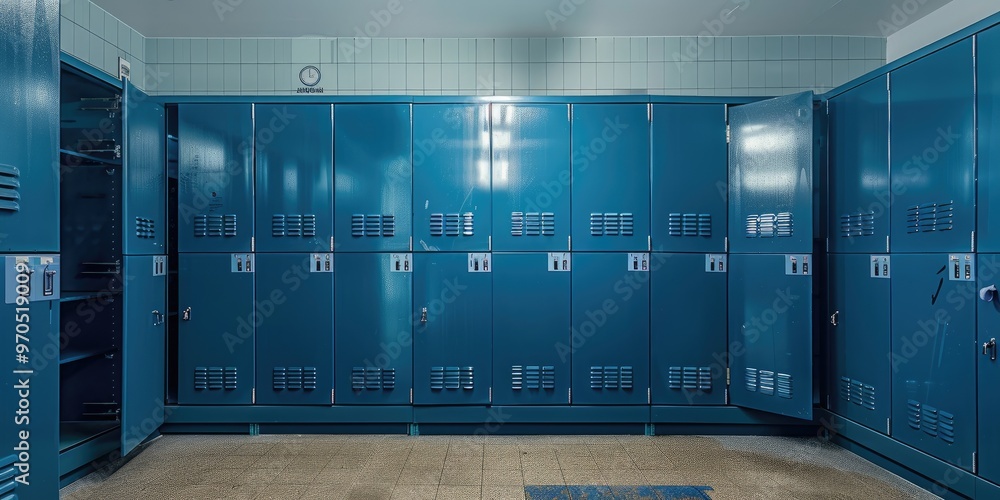 Blue lockers in a public changing room or clothing store A storage area ...