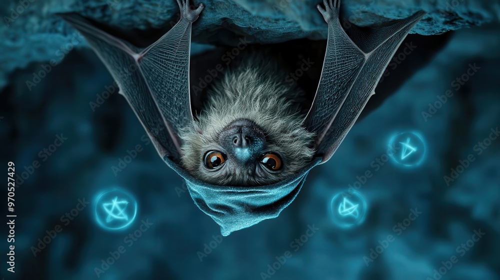 A bat wearing a tiny wizard hat, hanging upside down in a spooky cave ...