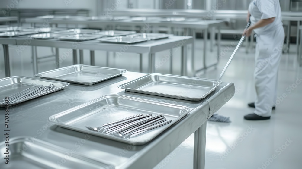 Prison cafeteria during cleaning time, empty trays and metal utensils ...