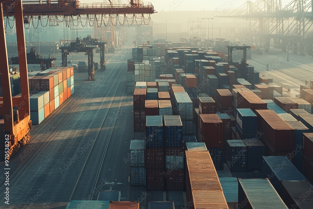 Freight forwarding operations at a busy port connecting state trade and ...