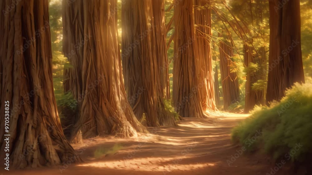 A sunlit path winds through a grove of towering redwood trees, casting ...