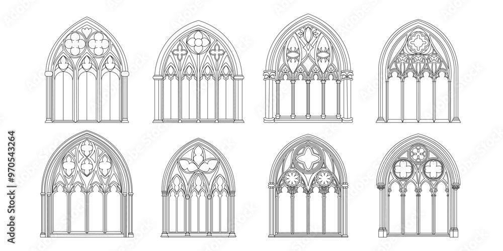 Gothic windows outline. Black linear drawing of classic architectural ...