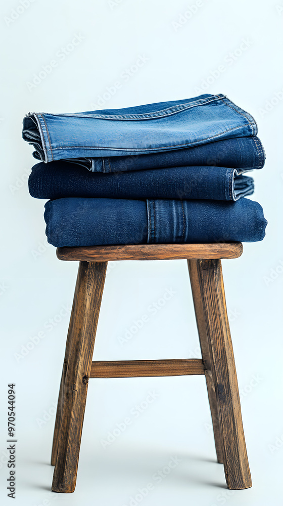 Folded Stack of Men's Denim Jeans on Wooden Stool with White Backdrop ...